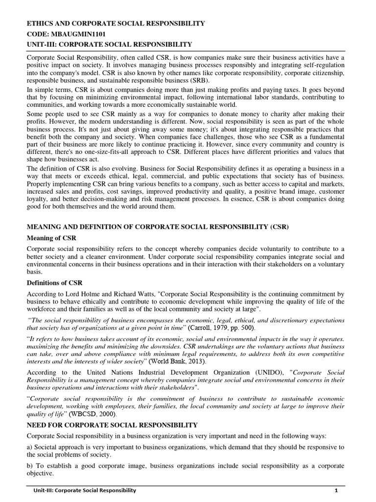 Unit-III-Corporate Social Responsibility | PDF | Corporate Social Responsibility | Employment