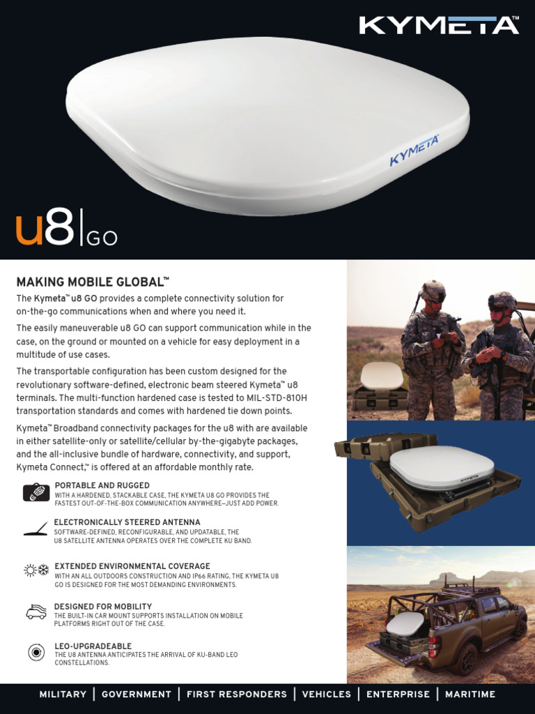 700 00125 000 RevC Kymeta U8 GO Product Sheet | PDF | Communications Satellite | Modem