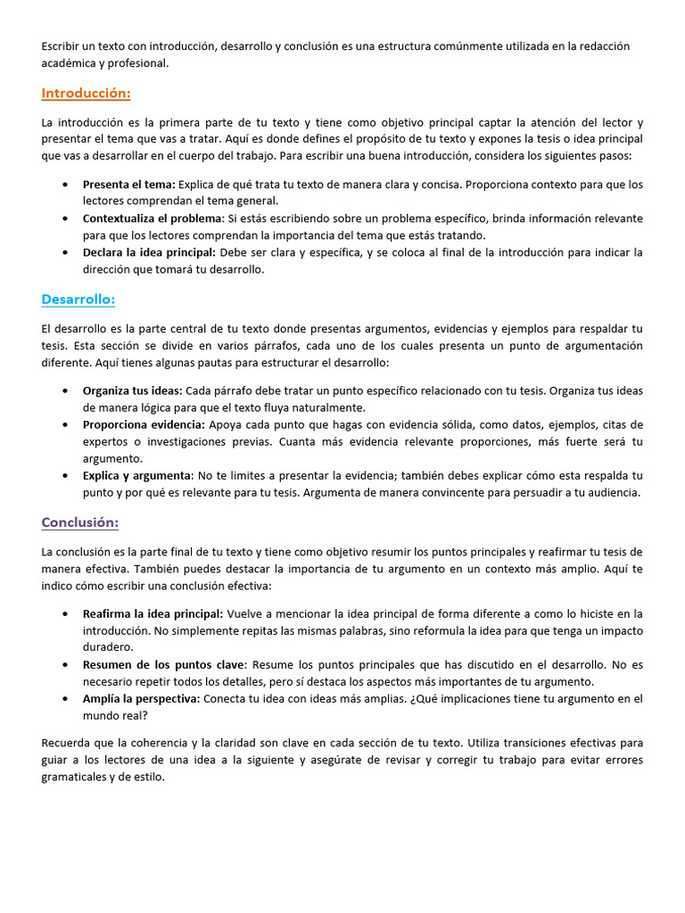 Estructura de Texto: Introducción, Desarrollo y Conclusión | PDF