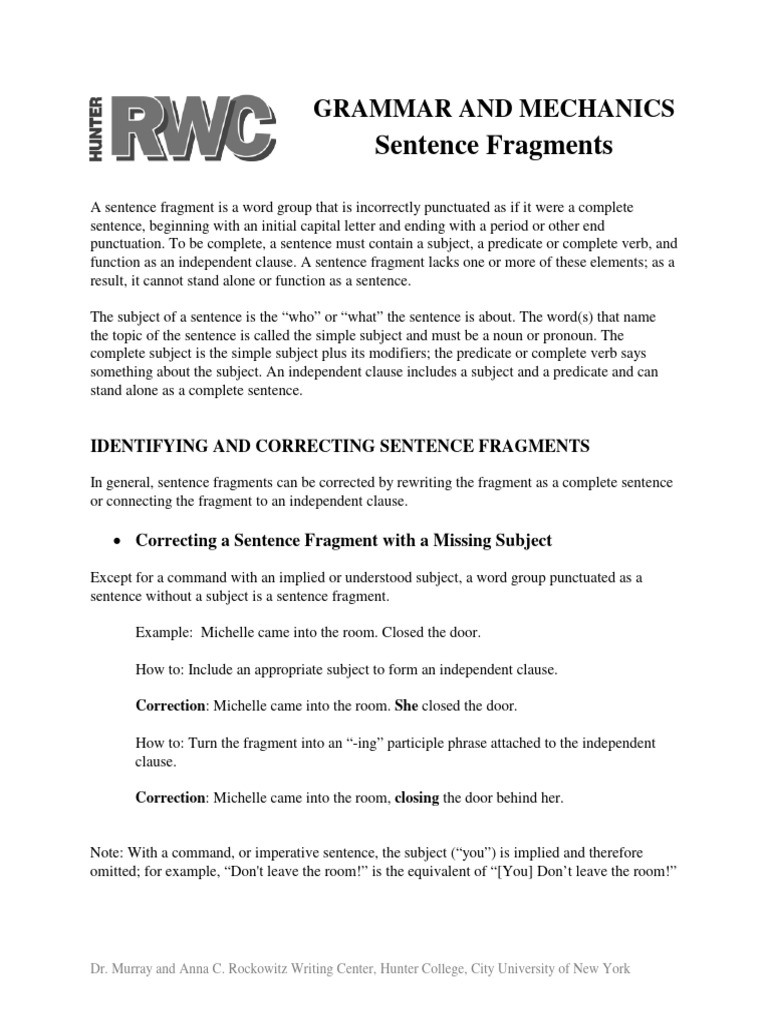 Sentence Fragments | PDF | Clause | Subject (Grammar)