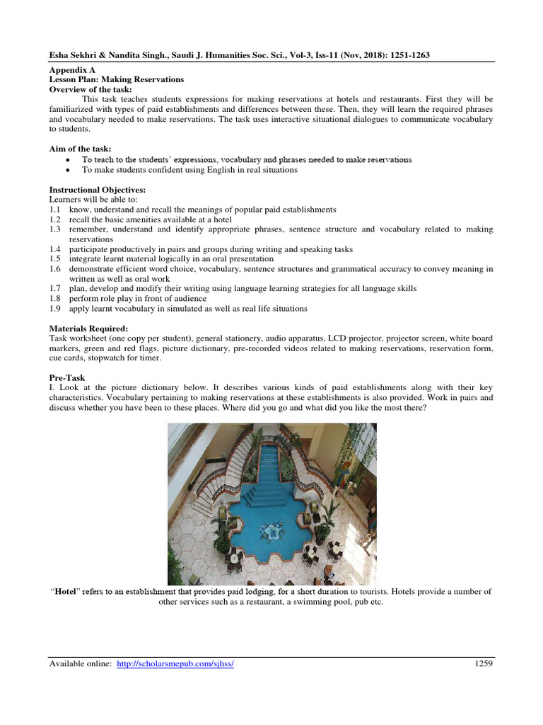 TBA Lesson Plan | Download Free PDF | Hotel | Vocabulary