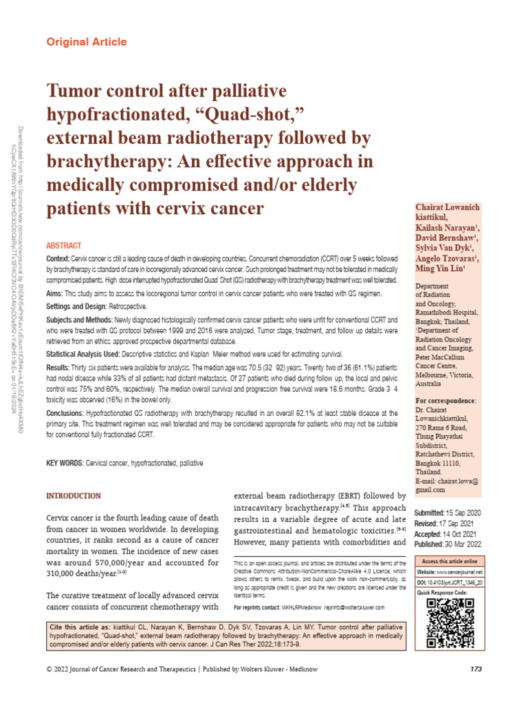 Tumor Control After Palliative Hypofractionated Quad-Shot EBRT Followed ...
