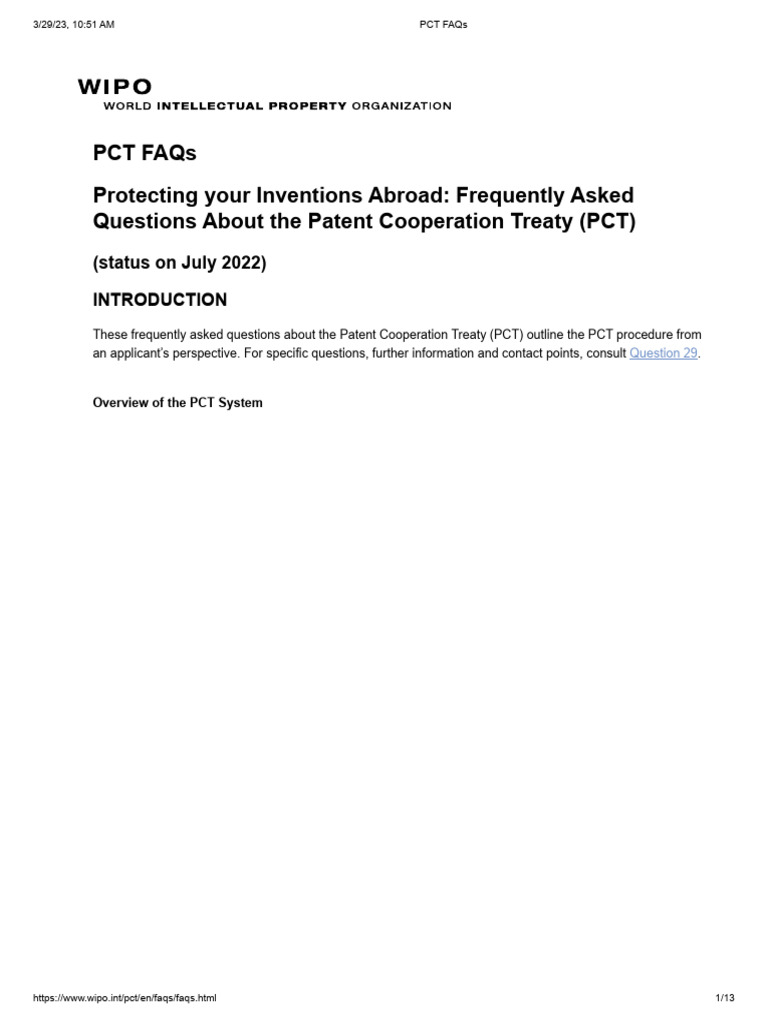 PCT Faqs Protecting Your Inventions Abroad: Frequently Asked Questions About The Patent ...
