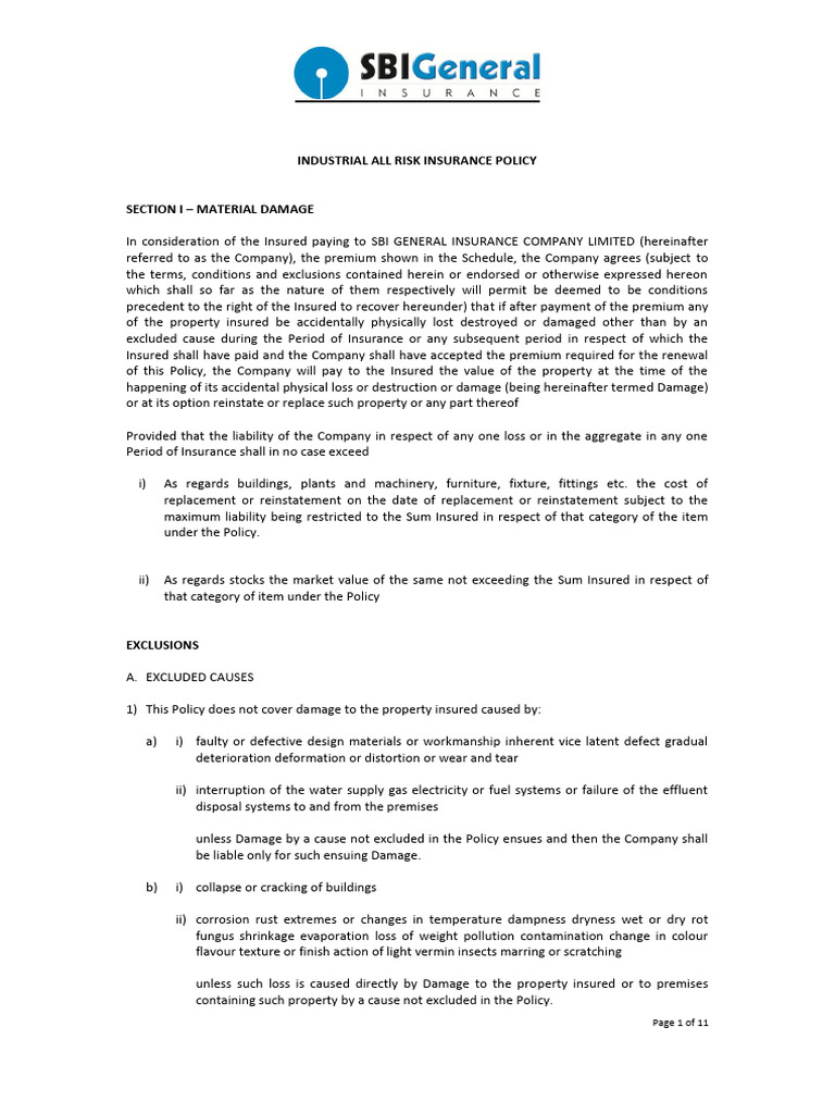 57 - Industrial All Risks Insurance Policy - GEN474 | PDF | Insurance ...