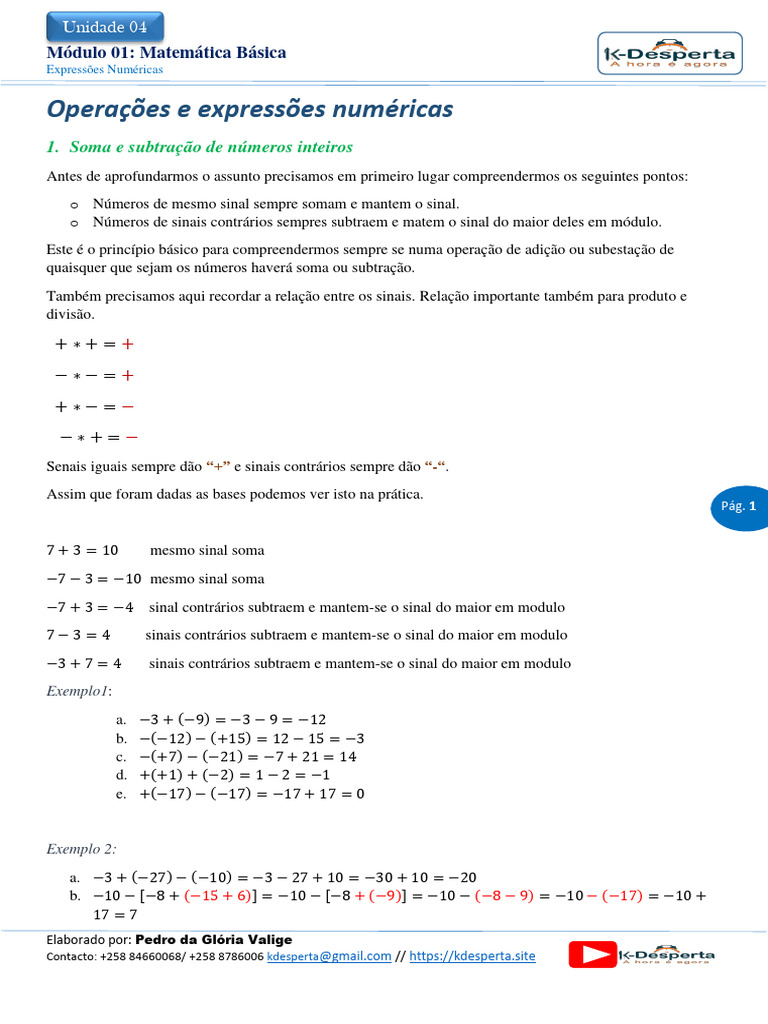 UNIDADE 04 - Expressoes Numericas | PDF | Notação matemática | Álgebra ...