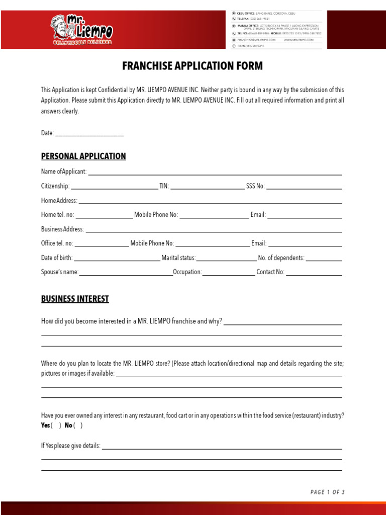 MR Liempo - Franchise Application Form | PDF | Franchising