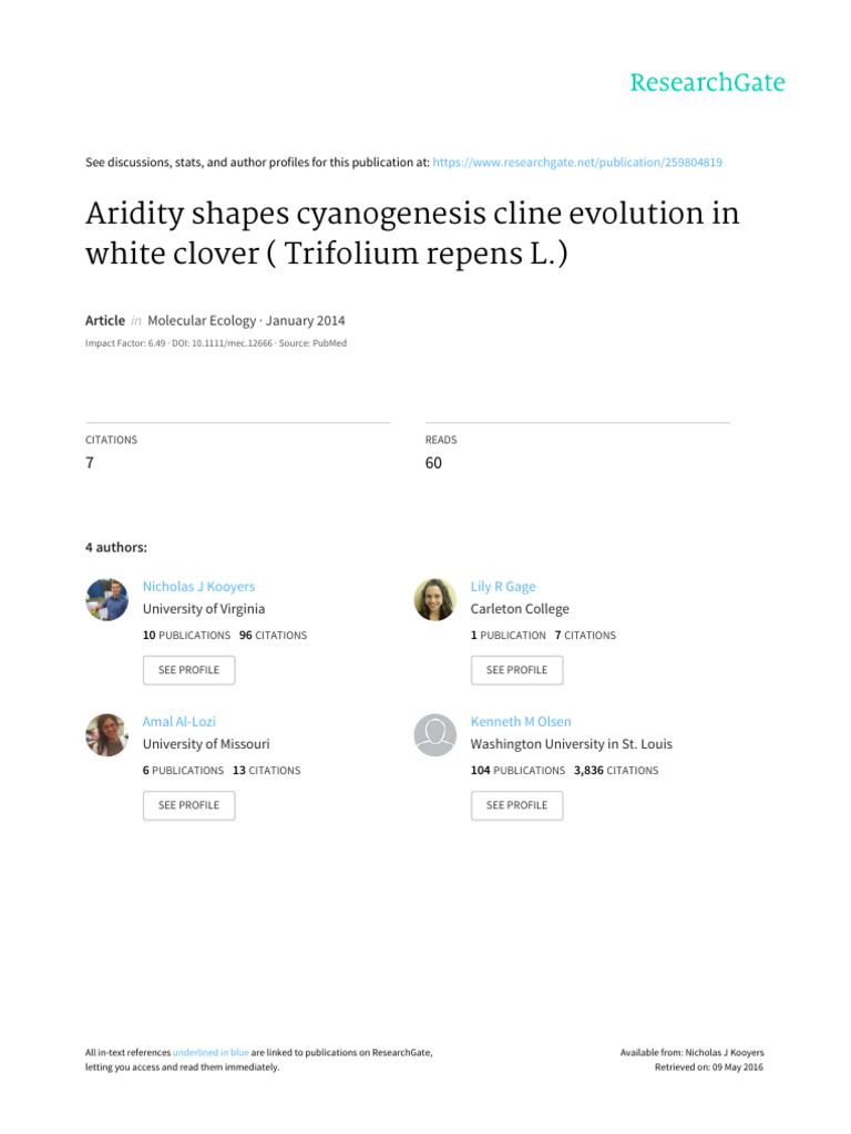 Aridity Shapes Cyanogenesis Cline Evolution in White Clover | PDF ...