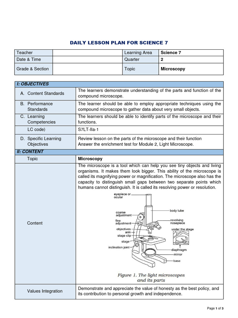 Science 7 Daily Lesson Plan: Microscopy | PDF | Microscope | Learning
