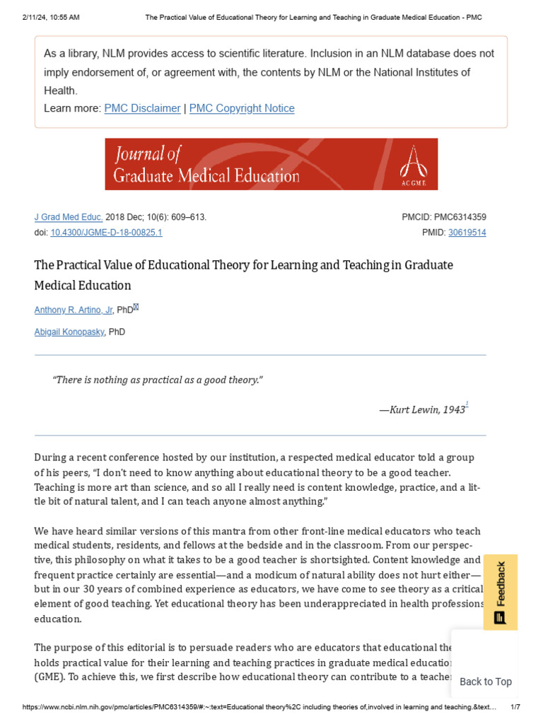 The Practical Value of Educational Theory For Learning and Teaching in ...