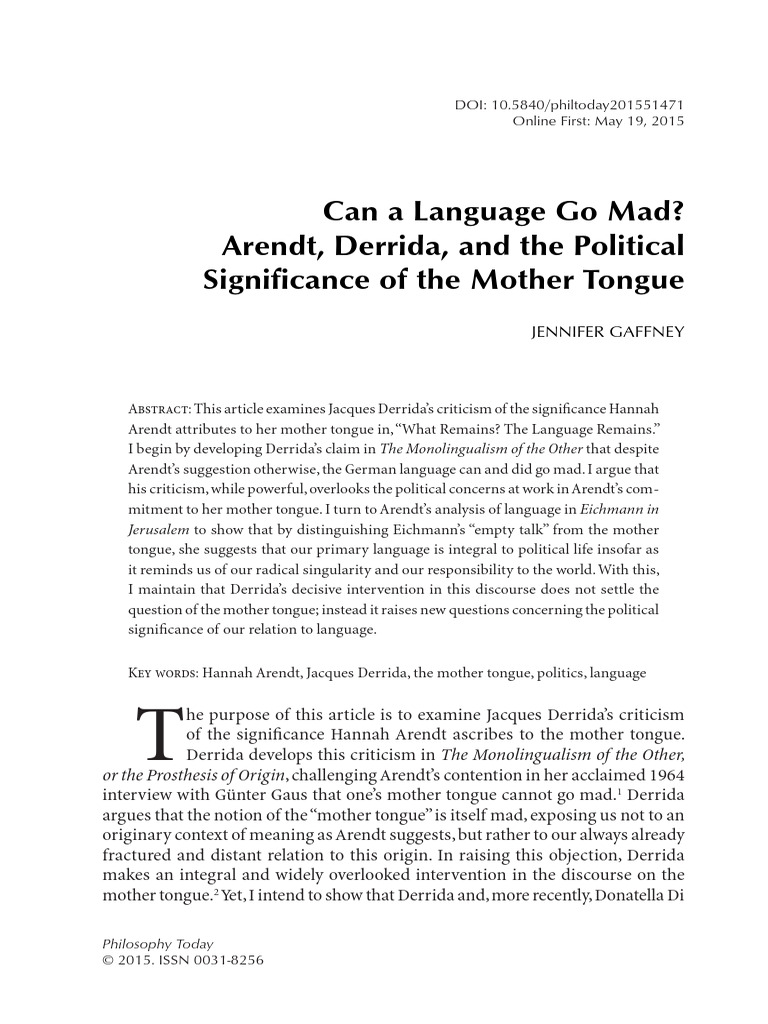 Jennifer Gaffney - "Can A Language Go Mad? Arendt, Derrida, and The Political Significance of ...