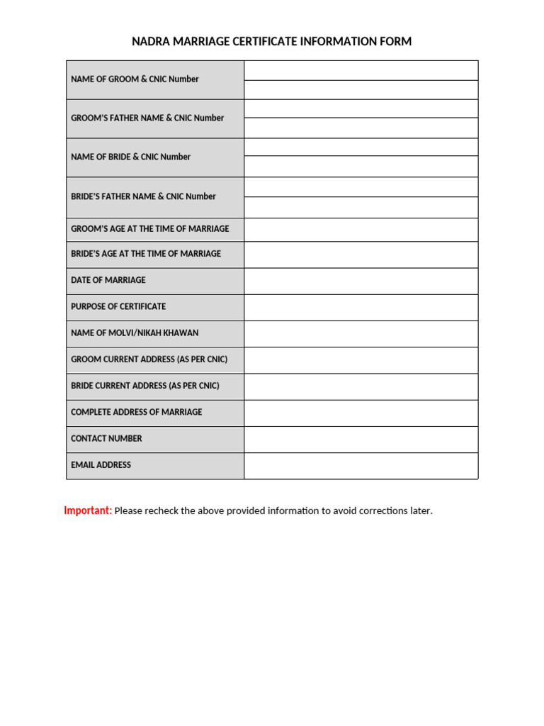 Nadra Marriage Certificate Form | PDF