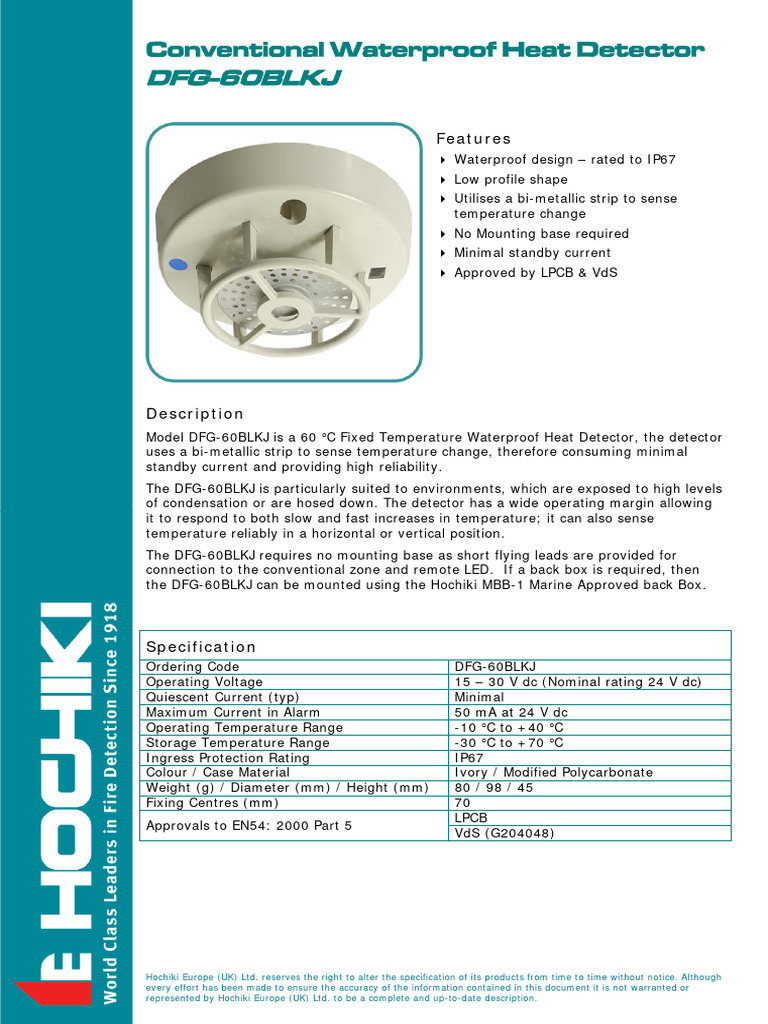 Hochiki DFG-60BLKJ Heat Detector - Specification | PDF | Physical Quantities | Equipment