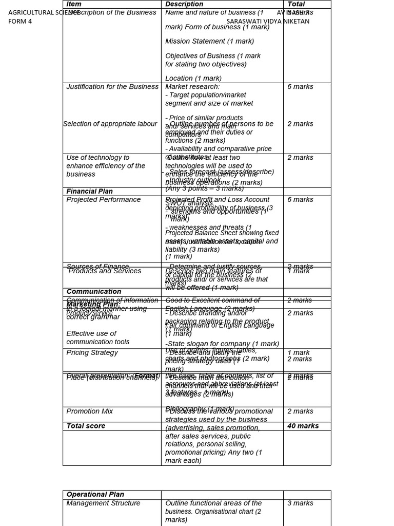 SBA - Business Plan Mark Scheme - Form 5 | PDF | Business | Balance Sheet