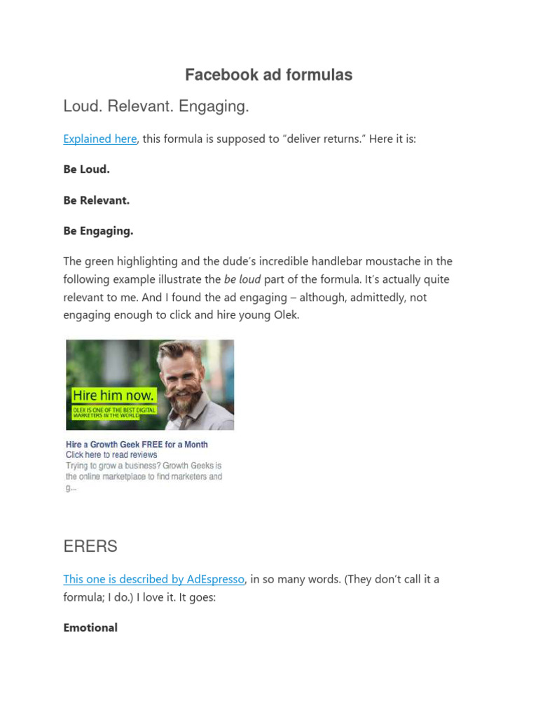 Facebook Ad Formulas, Posts, CTA | PDF | Facebook | Human Communication