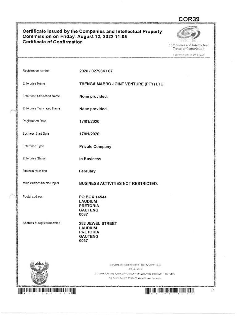 1.2. Thenga Mabro JV CIPC Document (CK) | PDF