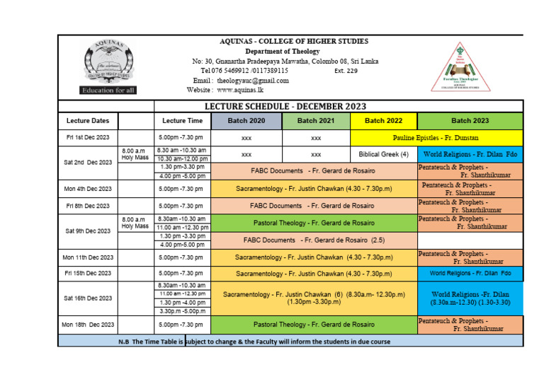 December 2023 Theology Lecture Schedule | PDF | Theology | Religious Texts
