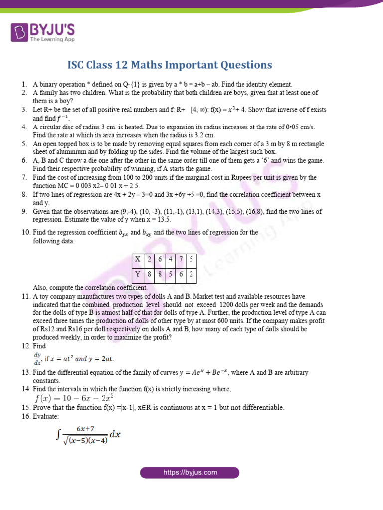 ISC Class 12 Maths Important Questions | PDF | Regression Analysis | Function (Mathematics)