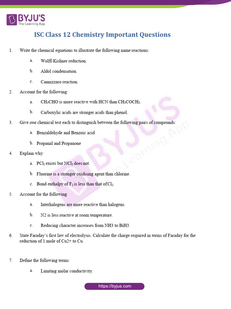 ISC Class 12 Chemistry Important Questions | PDF | Chemical Reactions ...