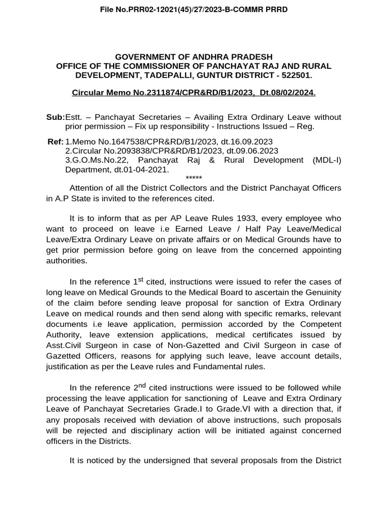 CPR Memo - PSs - Availing EOL Without Prior Permission - Fix Up Responsibility - Instructions ...