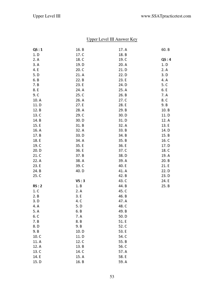 Upper Level SSAT Practice Test Answers | PDF