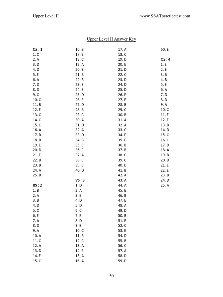 Upper Level II SSAT Answer Key | PDF
