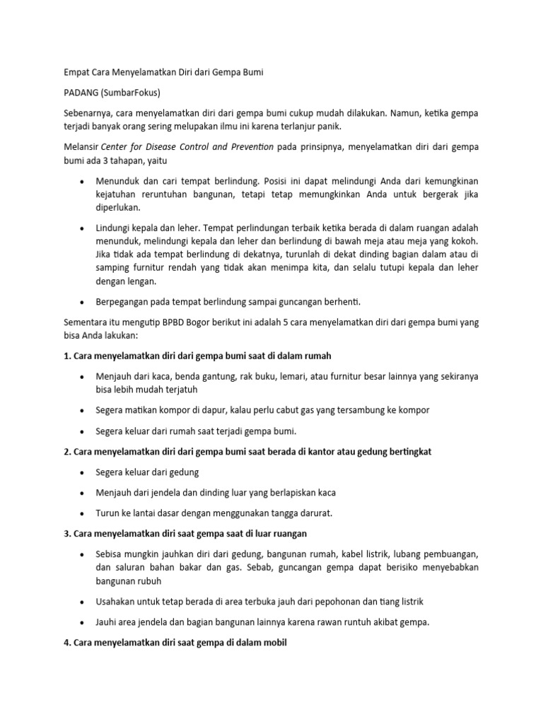 Empat Cara Menyelamatkan Diri Dari Gempa Bumi | PDF