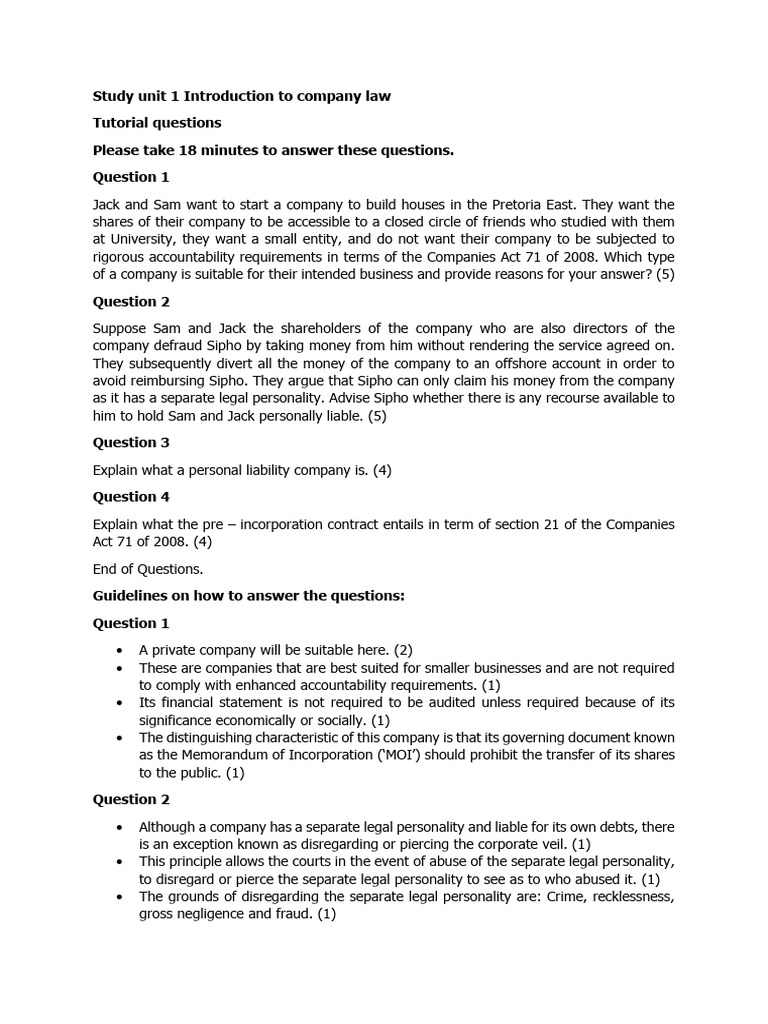 Study Unit 1 Introduction To Company Law Tutorial Memorandum | PDF | Legal Liability | Economies