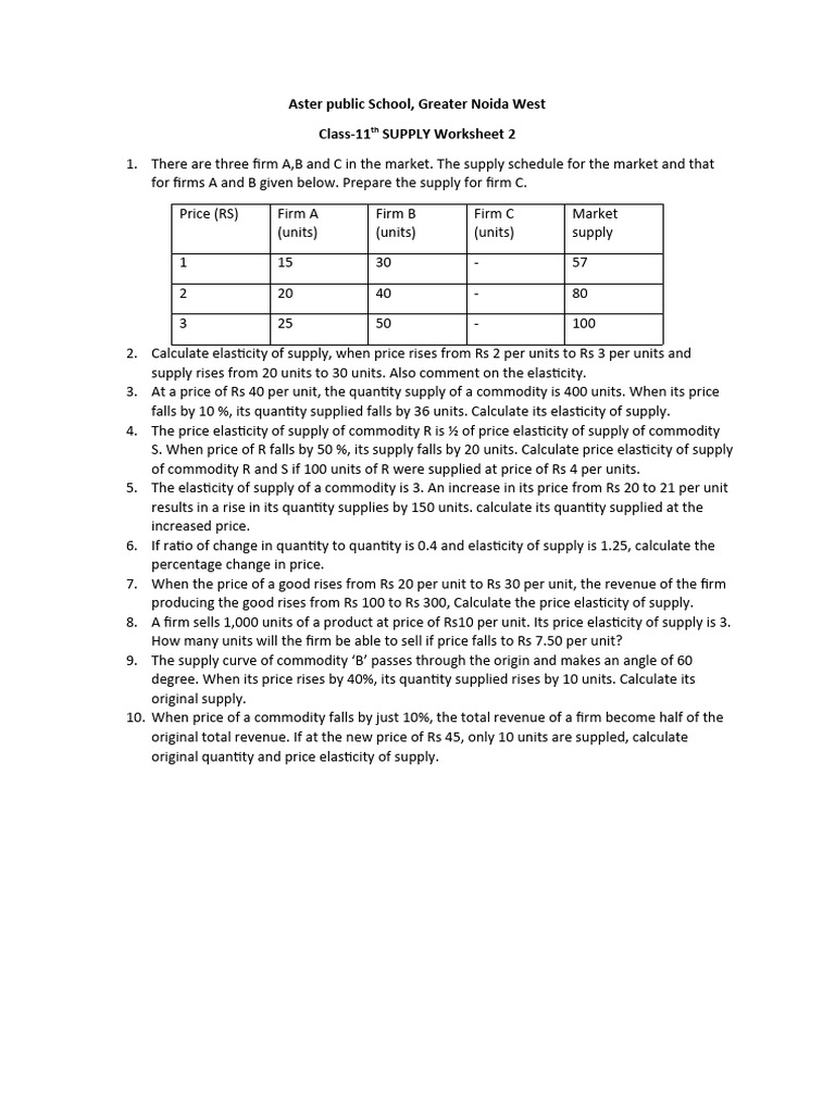 Class 11 Supply Worksheet 2 | PDF | Supply (Economics) | Price ...