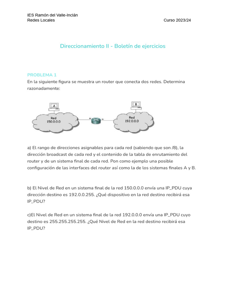 Direccionamiento II - Boletín de Ejercicios | PDF | Enrutador (Computación) | Dirección IP