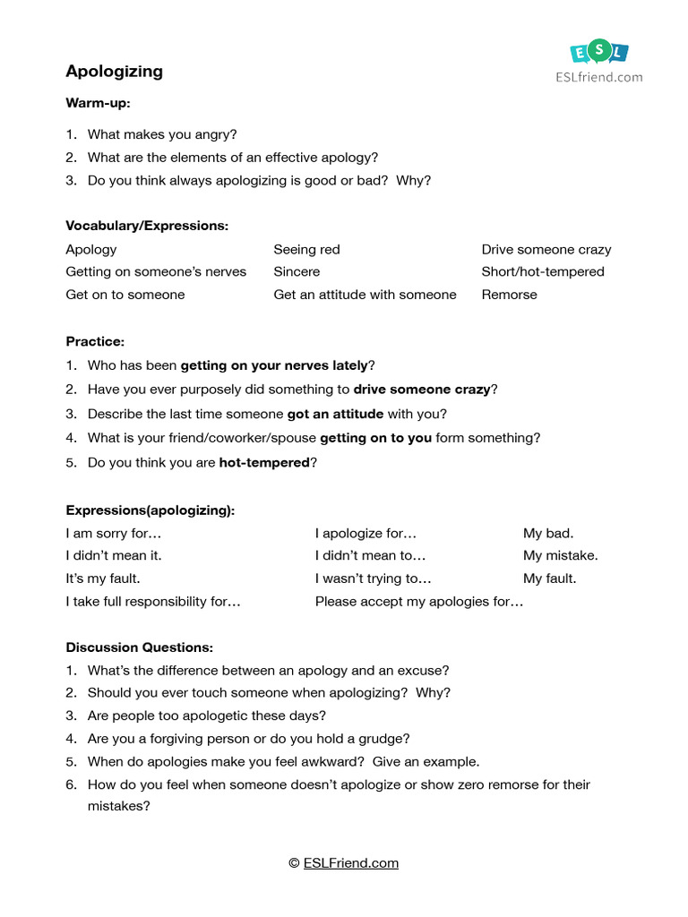 9 Copias - ESLConversation - Apologizing | PDF