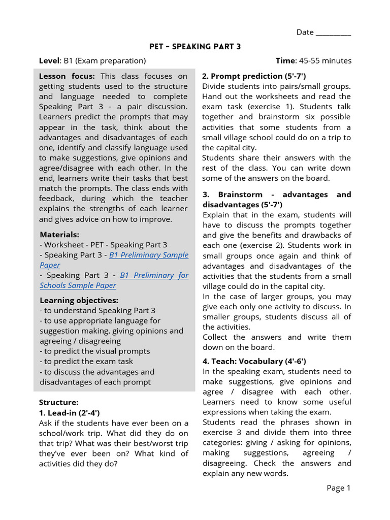 B1 PET Speaking Part 3 Preparation | PDF | Vocabulary | Linguistics