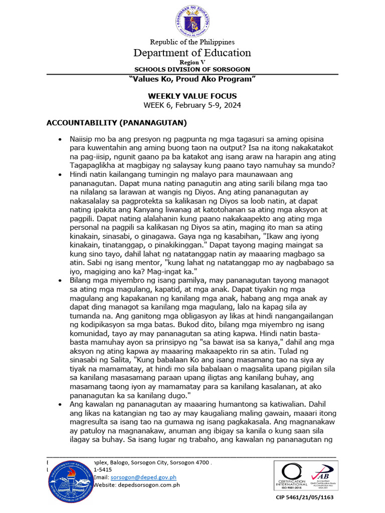 Filipino Weekly-Value-Focus Accountability | PDF