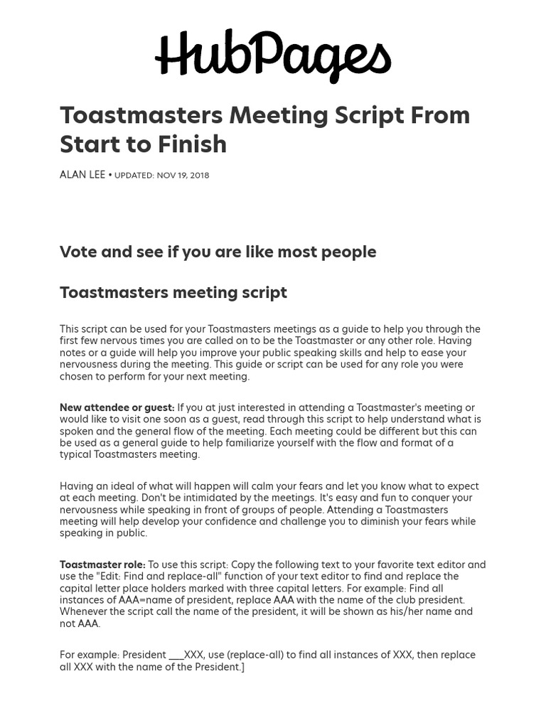 Toastmasters Meeting Script From Start To Finish - HubPages | PDF