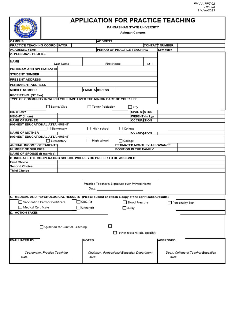 PT Form 2 Application For Practice Teaching | PDF | Teachers