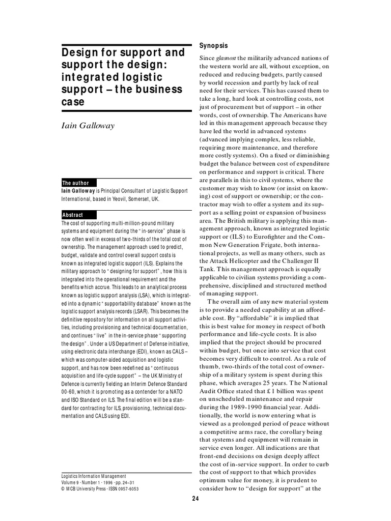 Design For Support and Support The Design: Integrated Logistic Support ...