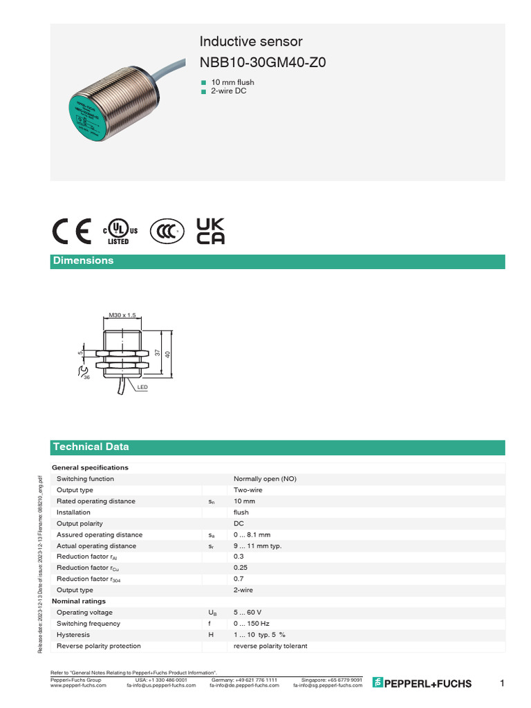 Inductive Sensor NBB10-30GM40-Z0: Dimensions | PDF