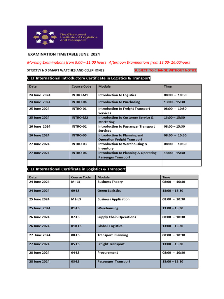 June 2024 Examination Timetable | PDF | Logistics | Business Economics
