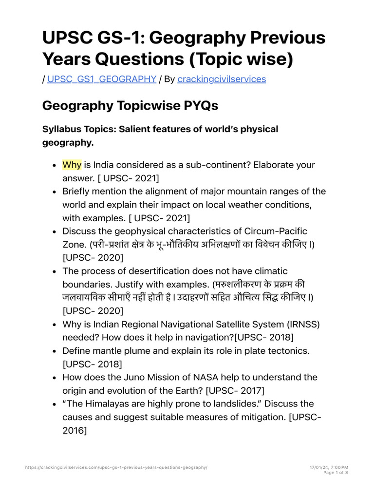 UPSC GS-1 - Geography Previous Years Questions (Topic Wise ...