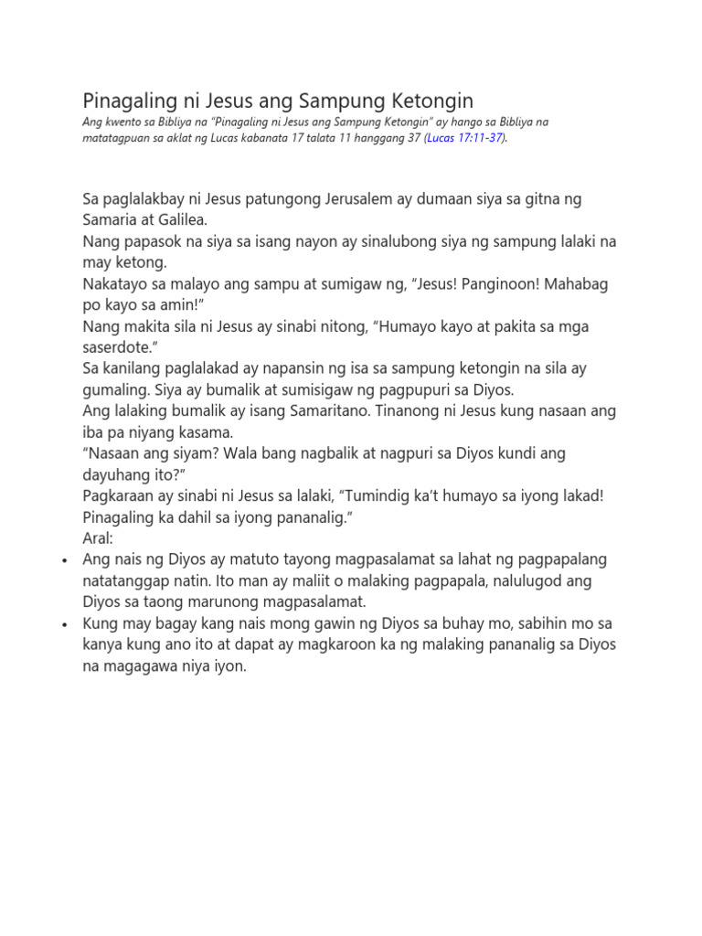 Pinagaling Ni Jesus Ang Sampung Ketongin | PDF
