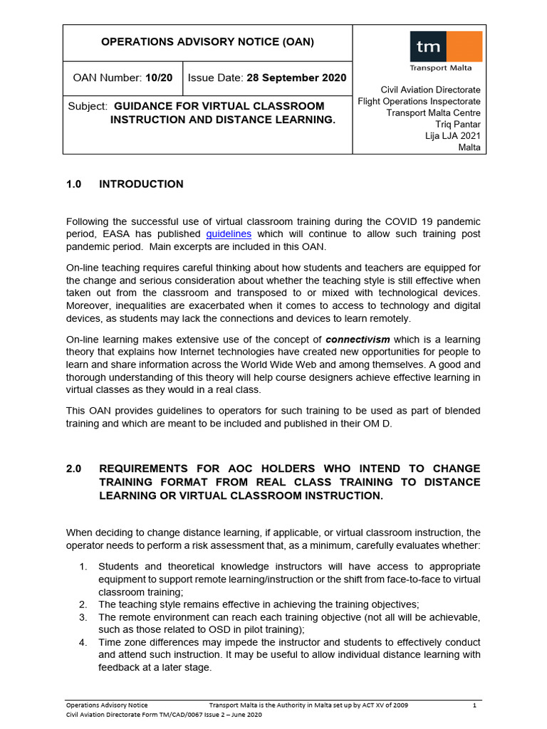 OAN10 - 20 - Guidance For Virtual Classroom Instruction and Distance ...