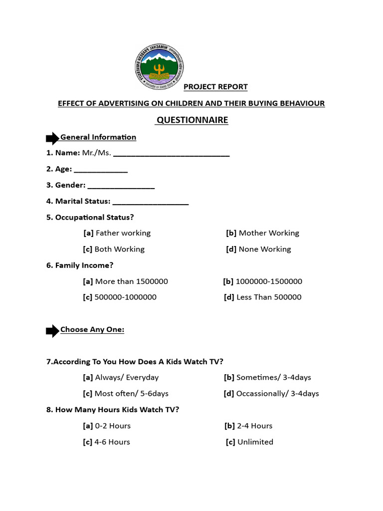 QUESTIONNAIRE of Project Work | PDF