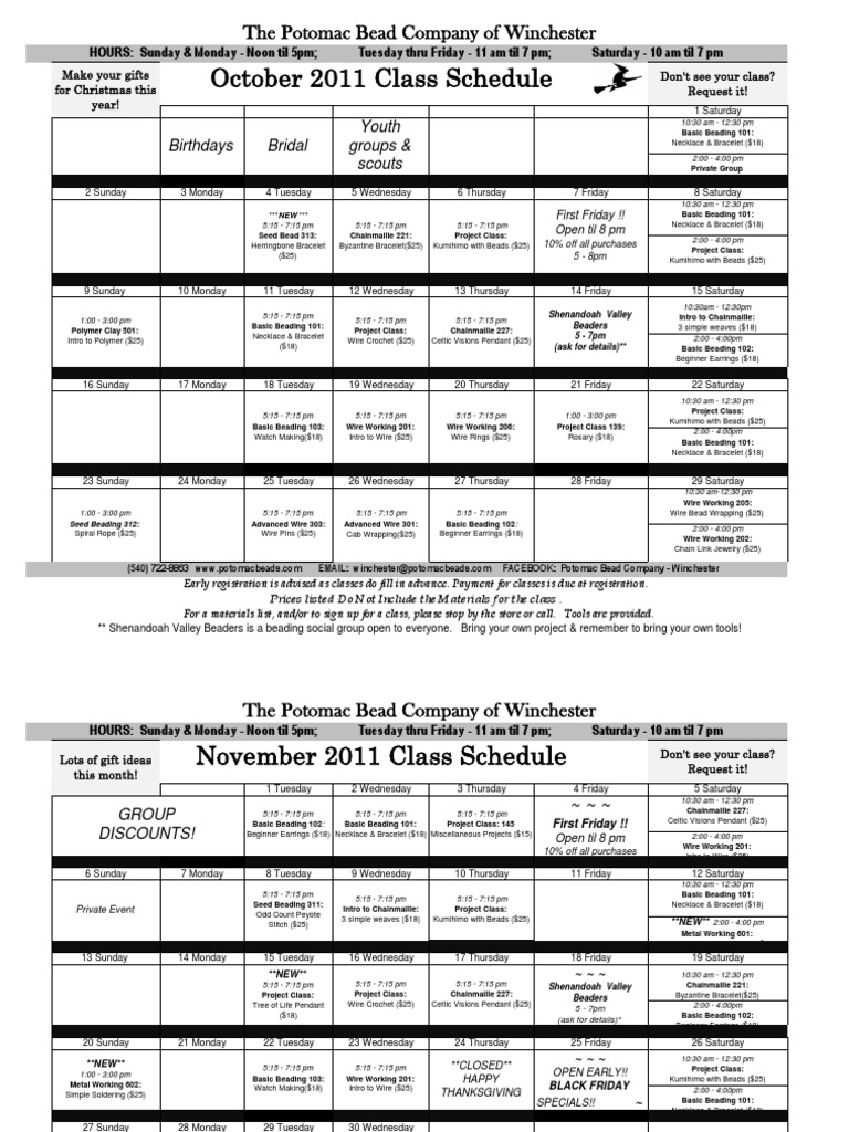 Oct-Nov2011 Class Schedule | PDF | Beadwork | Bead