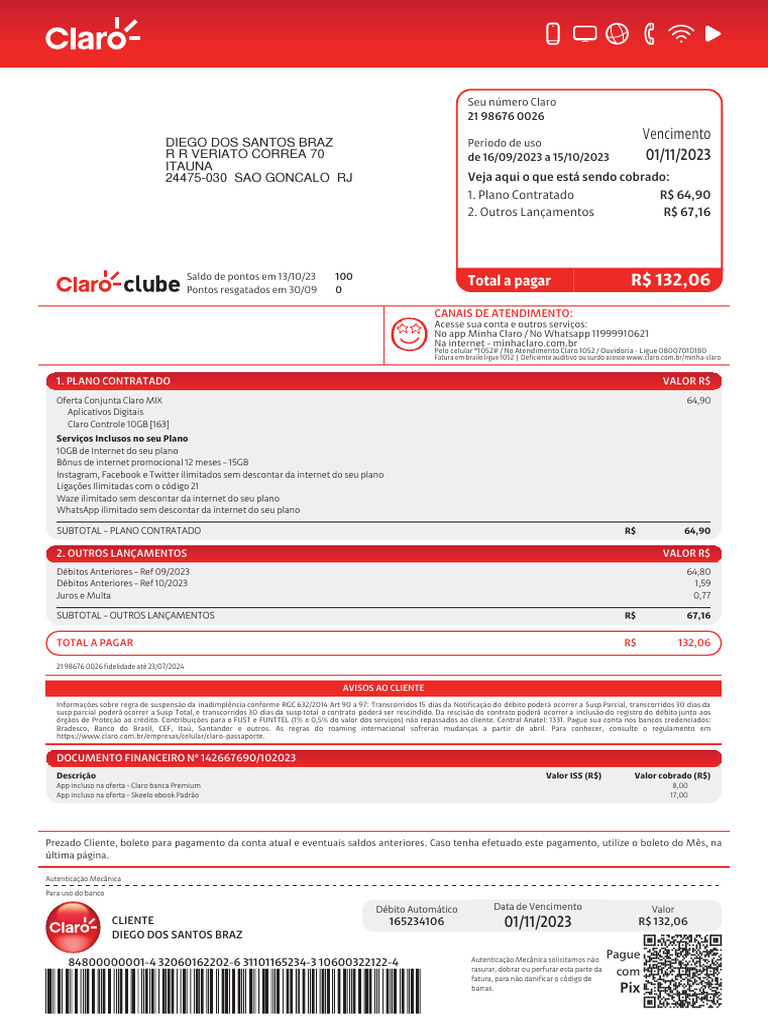 Fatura Claro | PDF | Serviços financeiros | Bancos