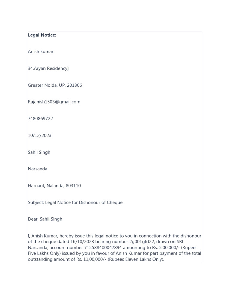 Legal Notice for Cheque Bounce | PDF | Cheque | Justice