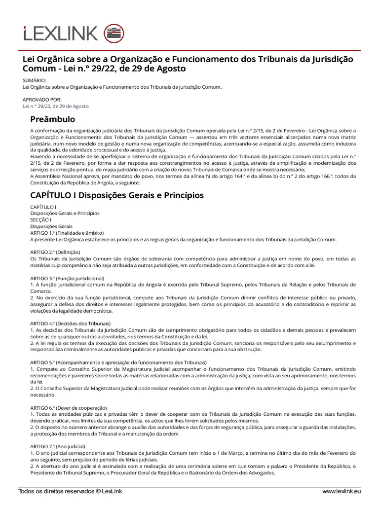 Lei 29/22: Organização dos Tribunais em Angola | PDF | Juiz | Jurisdição