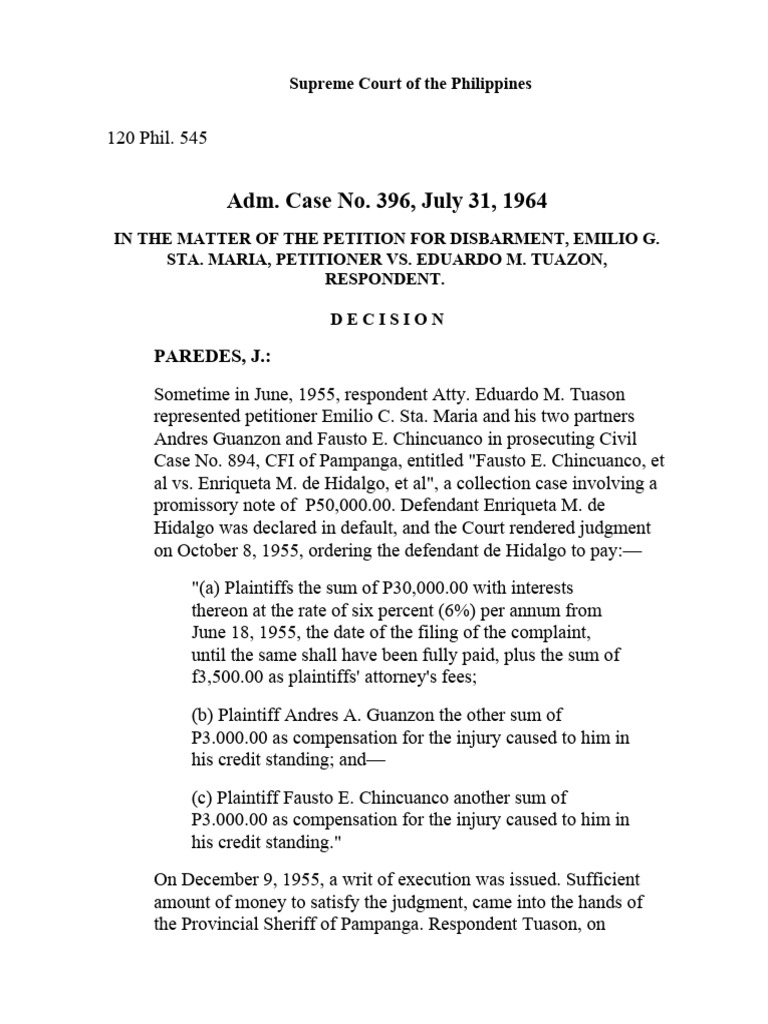 Adm. Case No. 396, July 31, 1964 | PDF | Lawsuit | Attorney's Fee