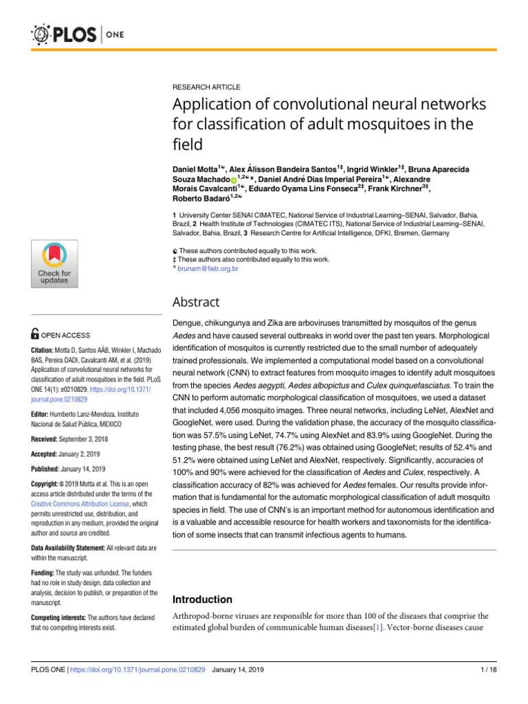 Application Of Convolutional Neural Networks For Classification Of Adult Mosquitoes In The Field