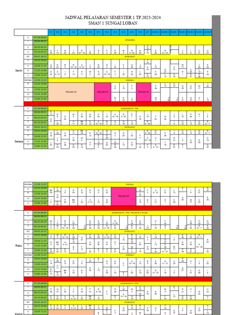 Jadwal Pelajaran SM 1 2023 2024 Sman1sl | PDF