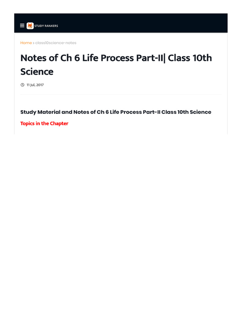 WWW Studyrankers Com 2017 07 Notes of CH 6 Life Process Part II Class ...