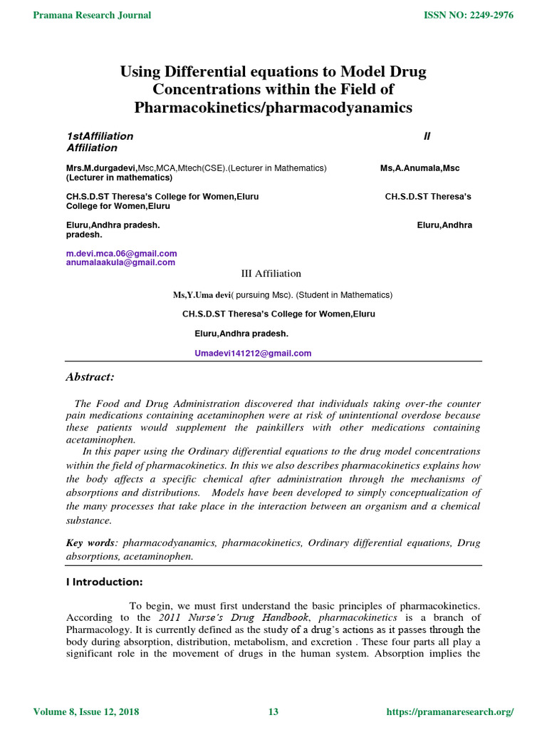 Differential Eq. To Model DRG Conc. | PDF | Pharmacokinetics | Chemistry